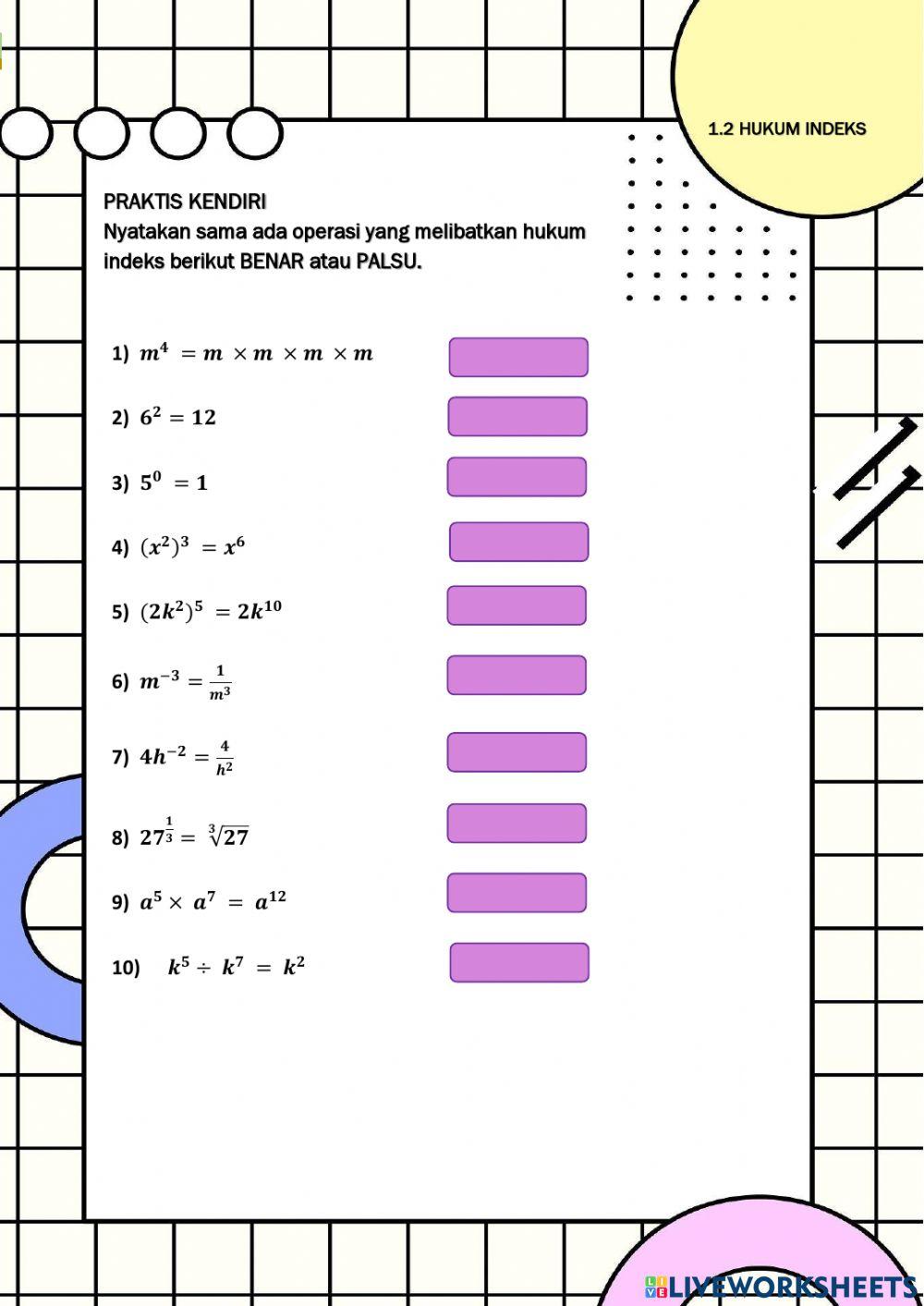 Hukum indeks 830590 | cikguella_smkpi | Live Worksheets