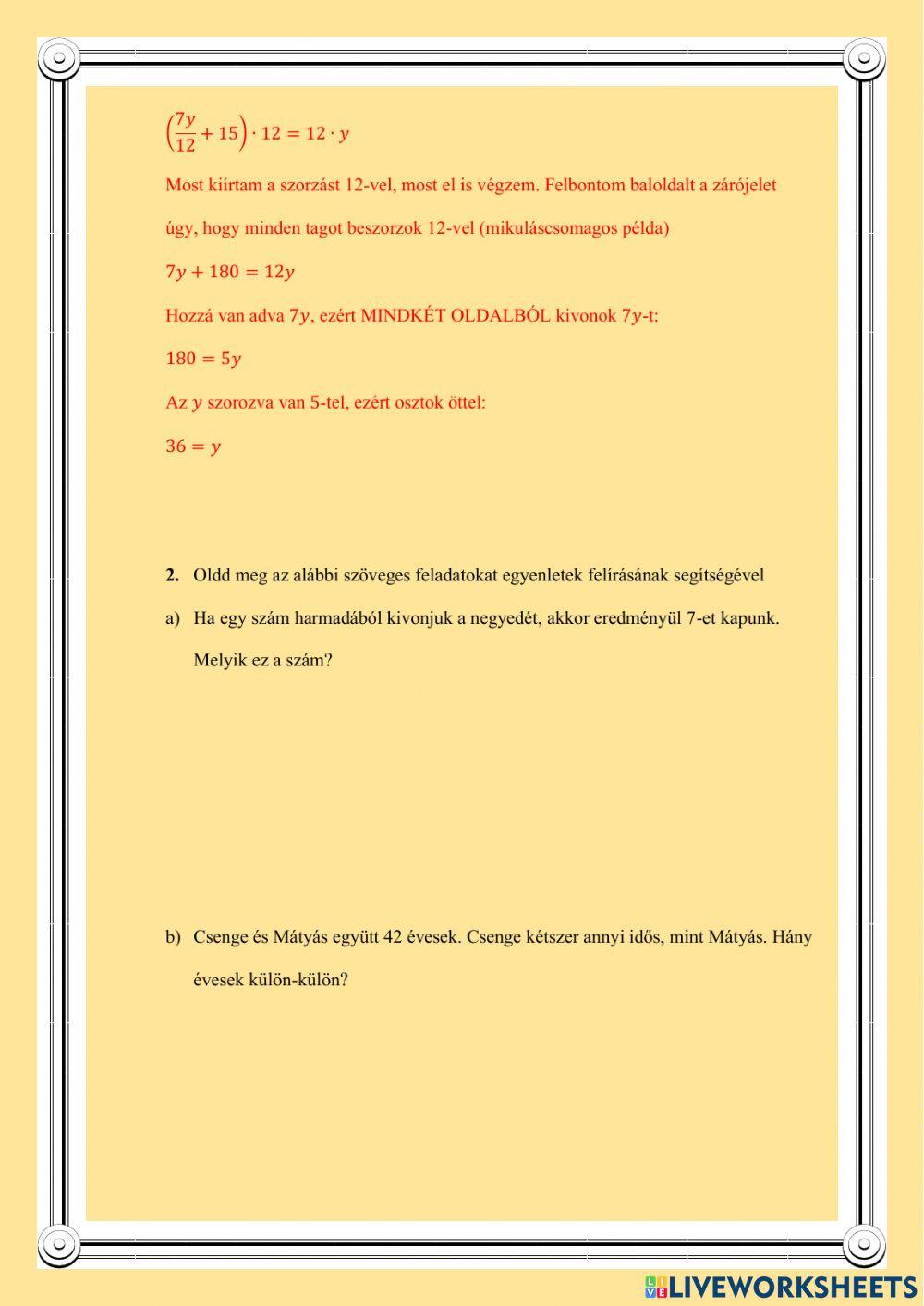 Egyenletek mego… | Free Interactive Worksheets | 831365