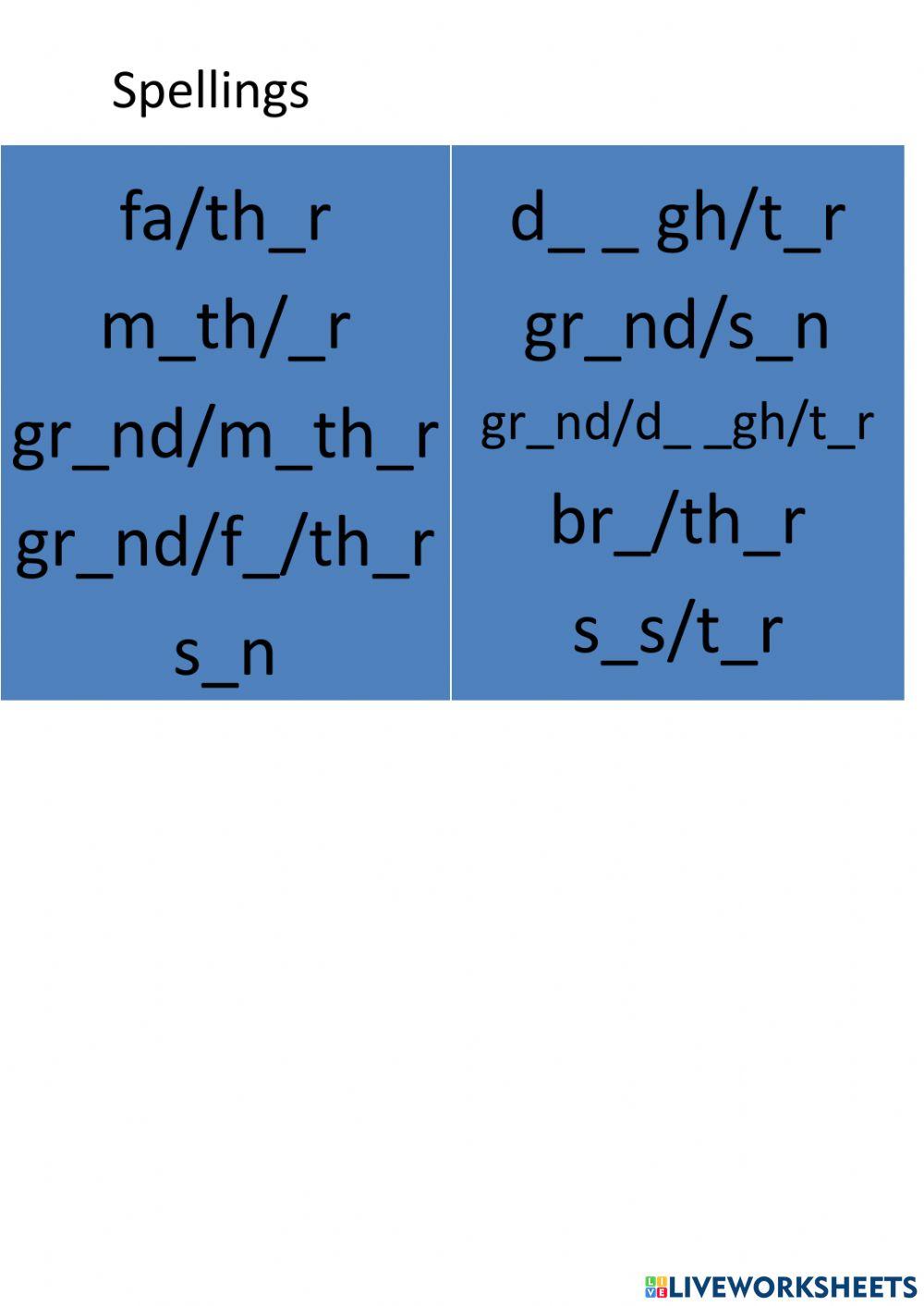 Spellings -Family worksheet | Live Worksheets