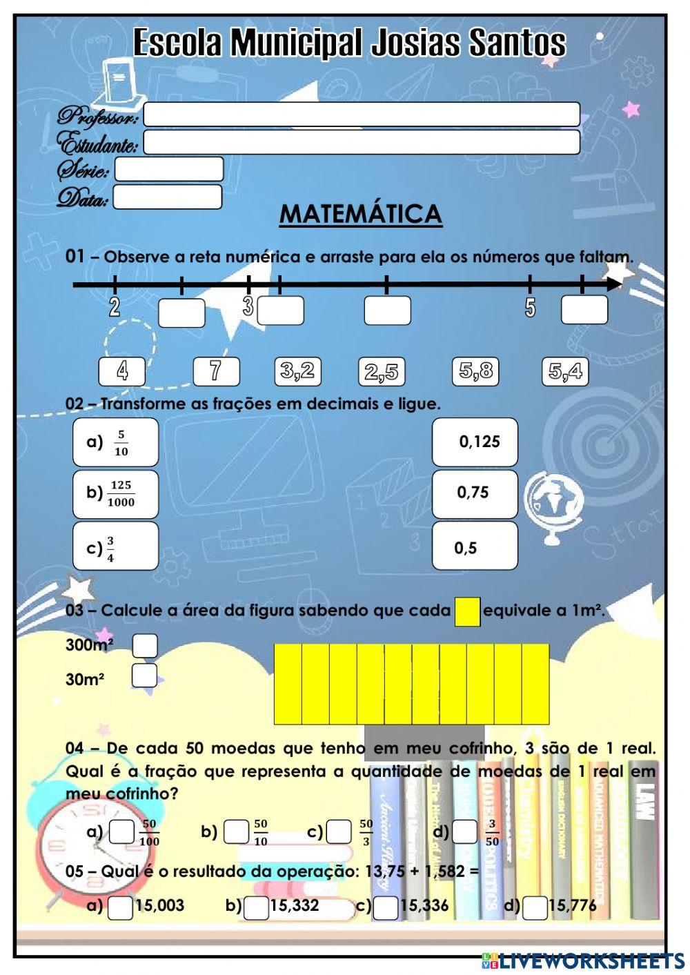 Matemática teste worksheet | Live Worksheets