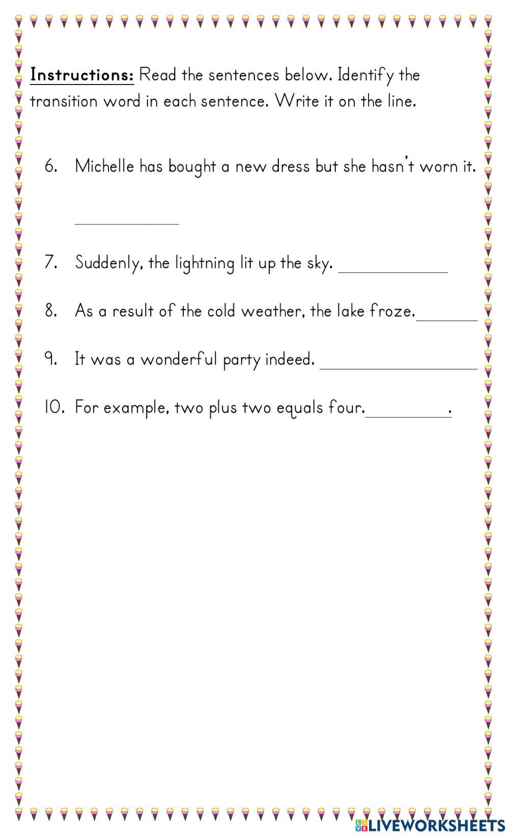 Identify The Transition Words Printable Writing Worksheet Transition