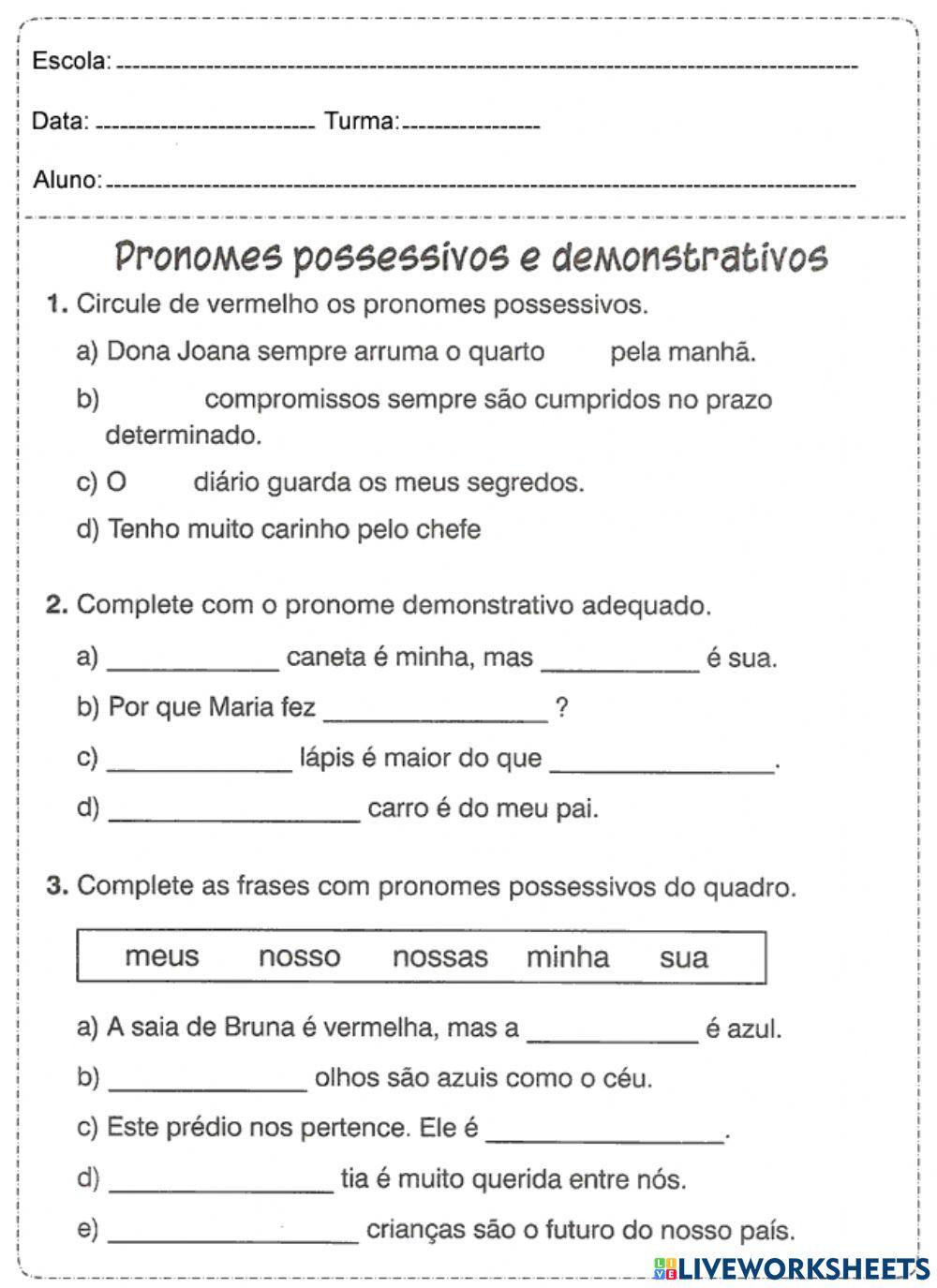 Atividade Sobre Pronomes Possessivos - RETOEDU Atividade Sobre Pronomes Possessivos - RETOEDU