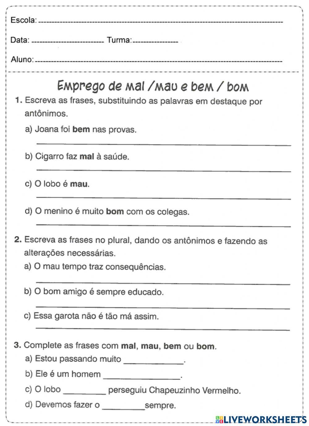 Mal, mau, be, bom worksheet | Live Worksheets