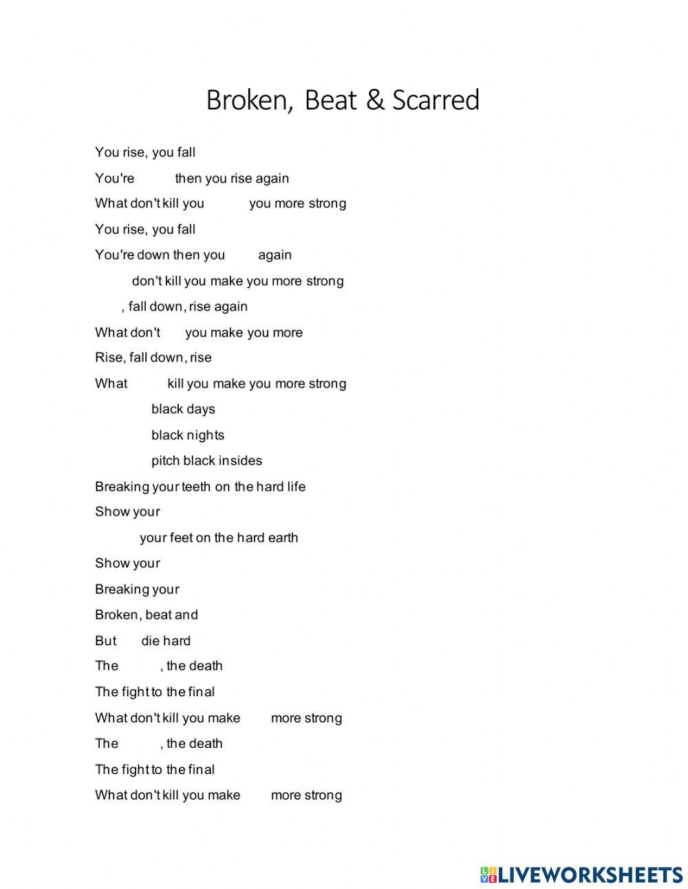Broken, Beat & Scarred Quiz worksheet | Live Worksheets