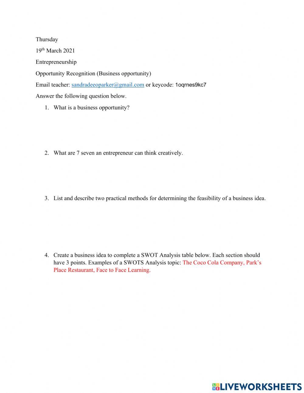Opportunity Recognition interactive worksheet | Live Worksheets