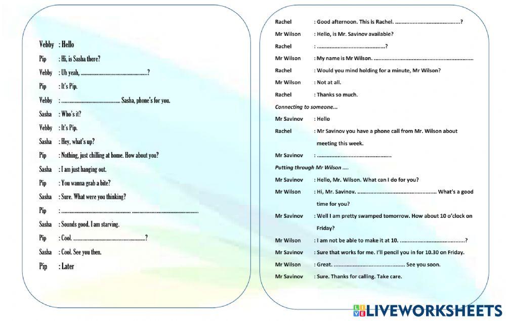 Telephone calls worksheet | Live Worksheets
