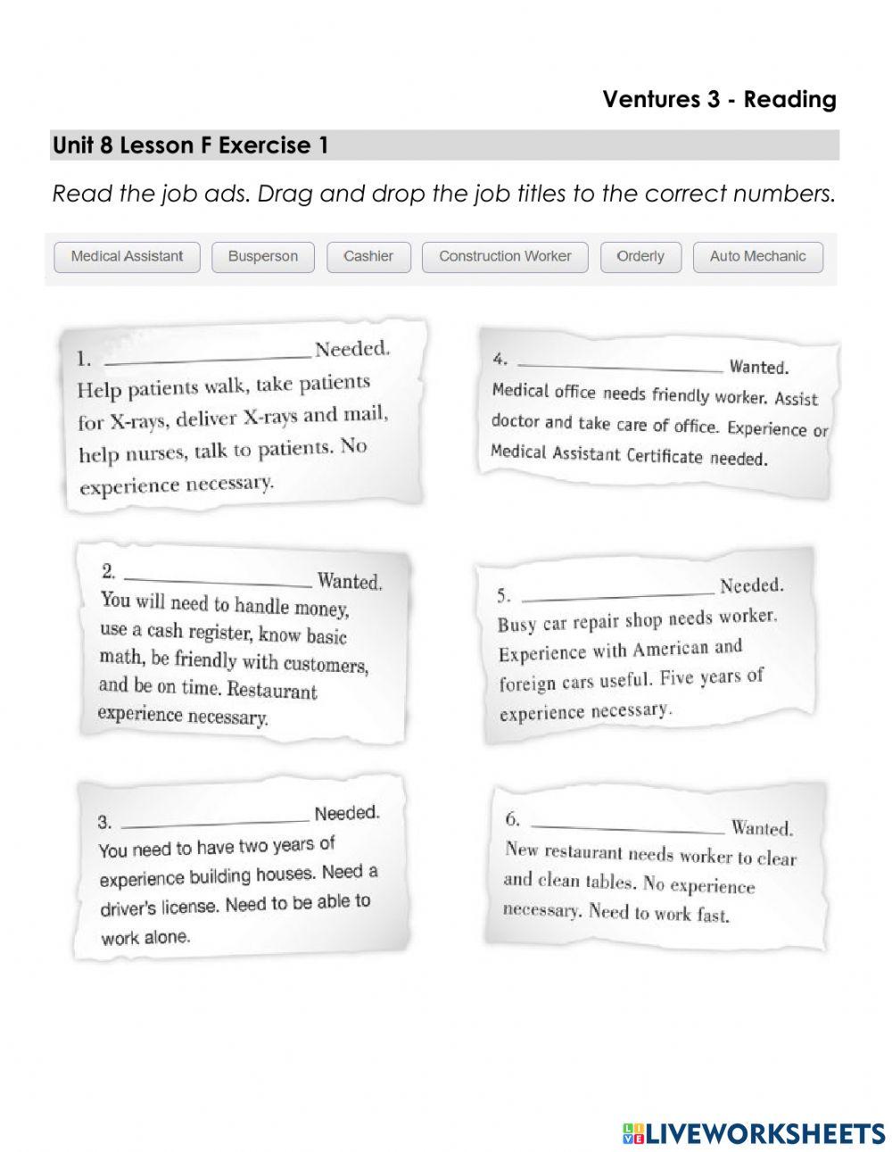 Job Ads - Readi… | Free Interactive Worksheets | 773545