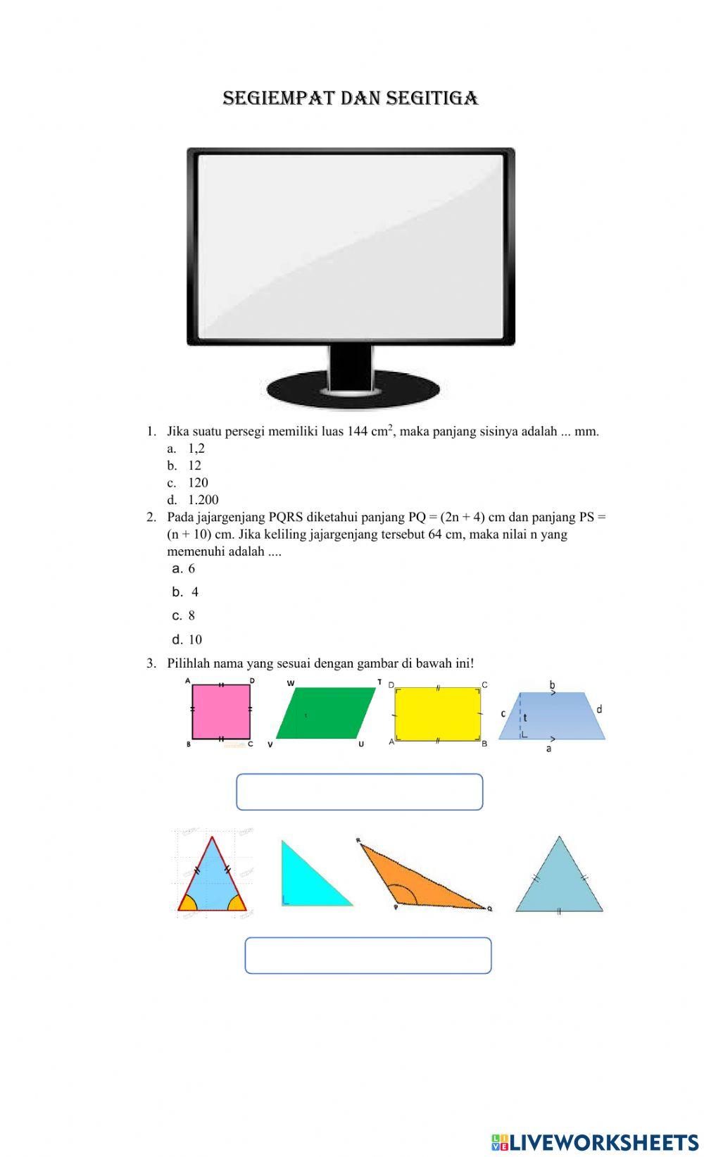 Segiempat dan segitiga worksheet | Live Worksheets