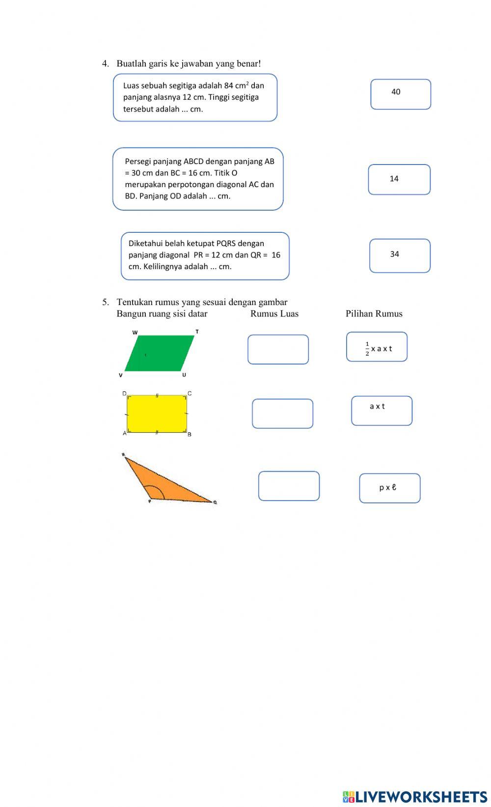 Segiempat dan segitiga worksheet | Live Worksheets