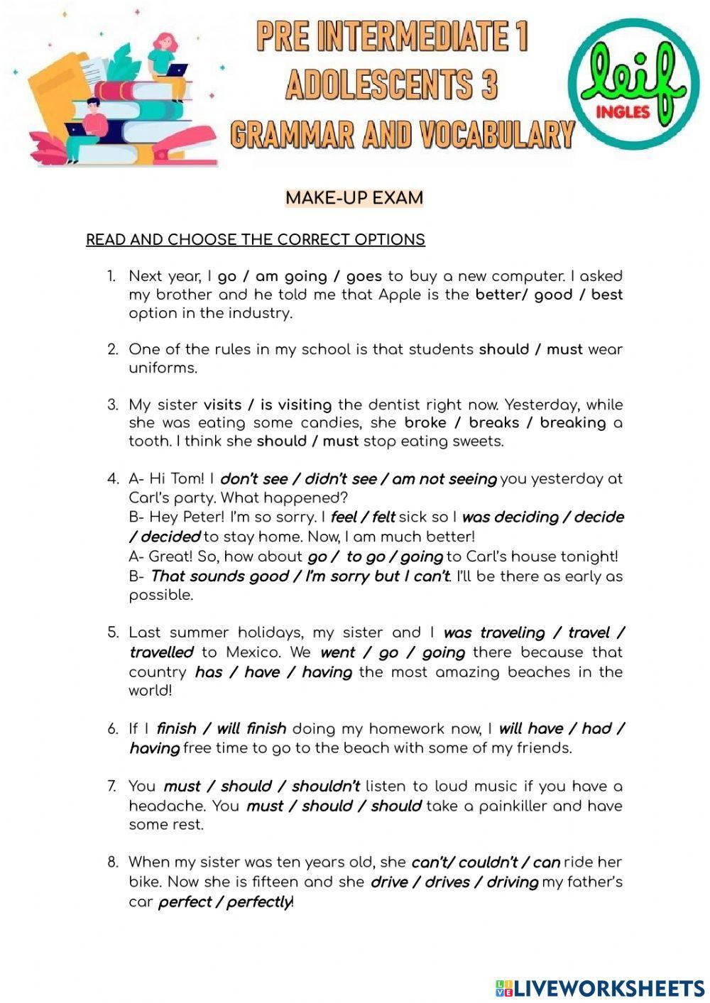 Grammar and Vocabulary interactive worksheet for Pre Intermediate ...