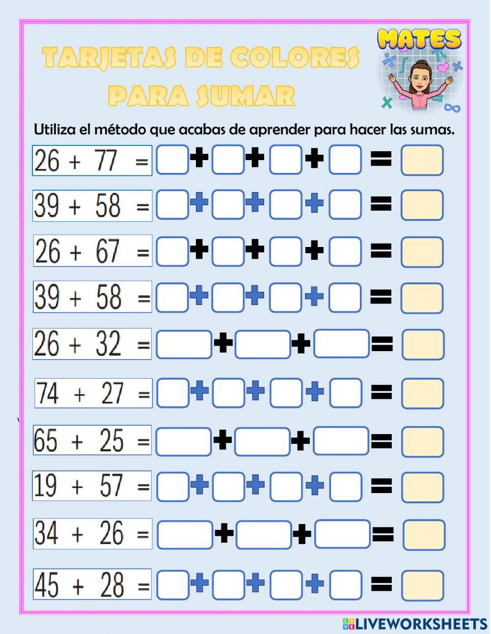 Sumas con tarjetas U y D worksheet | Live Worksheets