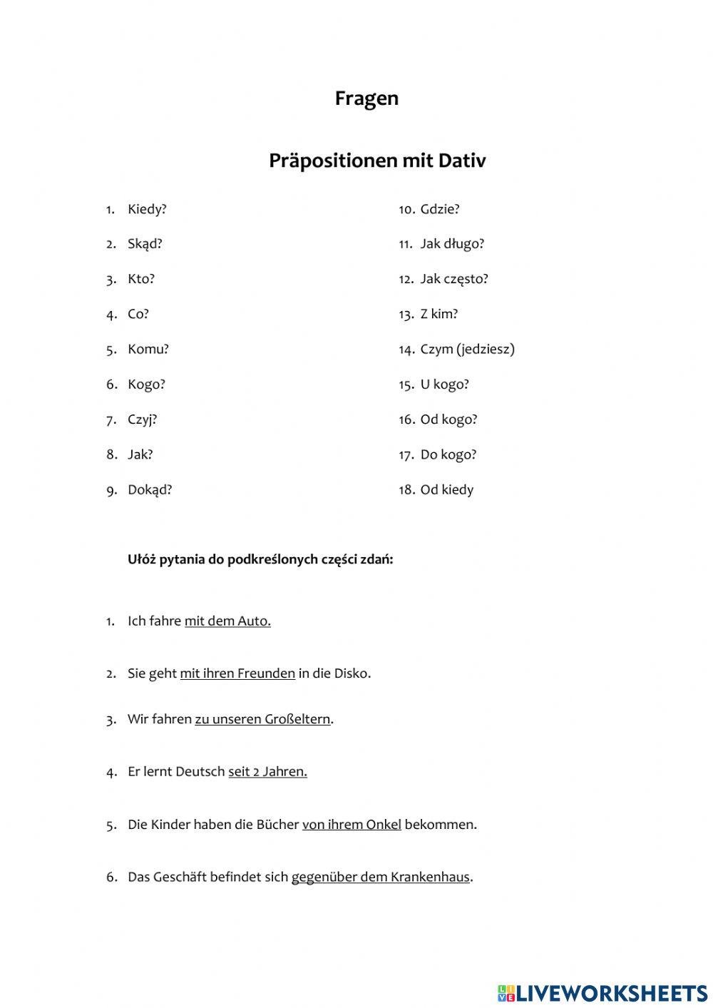 Fragen, Dativ, Präpositionen worksheet | Live Worksheets