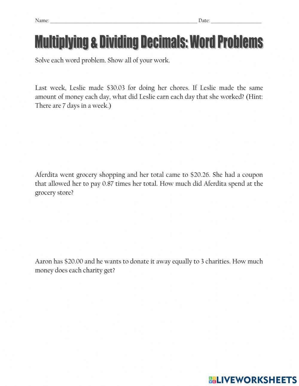 4819195 | Word Problems: Divide and Multiply with