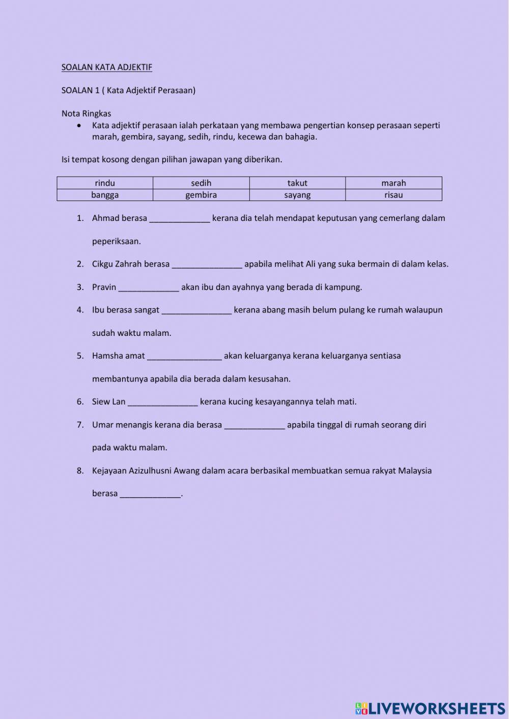 LATIHAN BAHASA MELAYU TINGKATAN 1 online exercise for | Live Worksheets