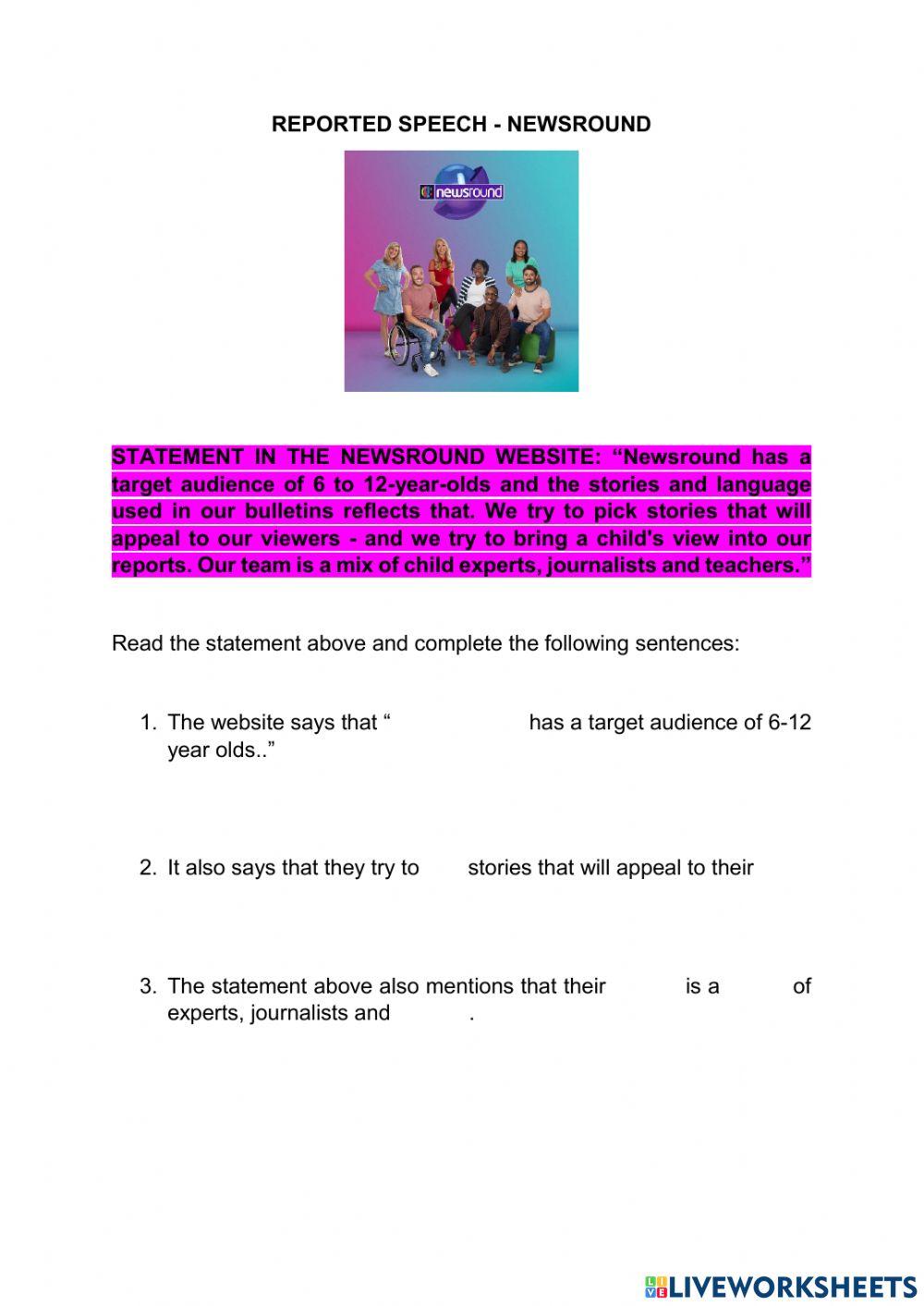 Reported Speech - Newsround worksheet | Live Worksheets