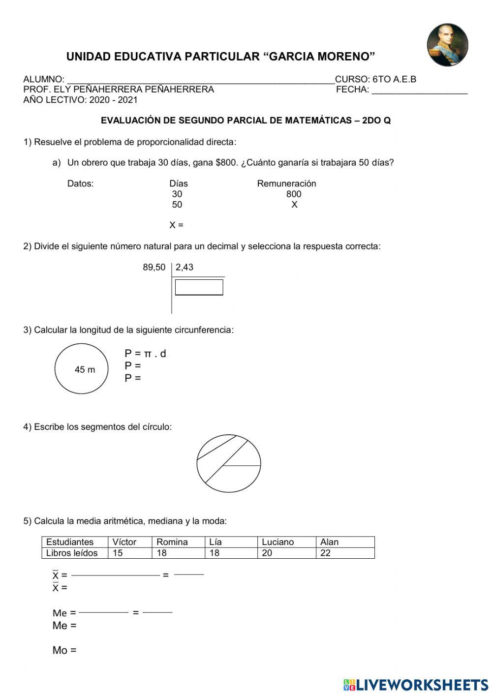 Evaluación-6to-Matemáticas worksheet | Live Worksheets