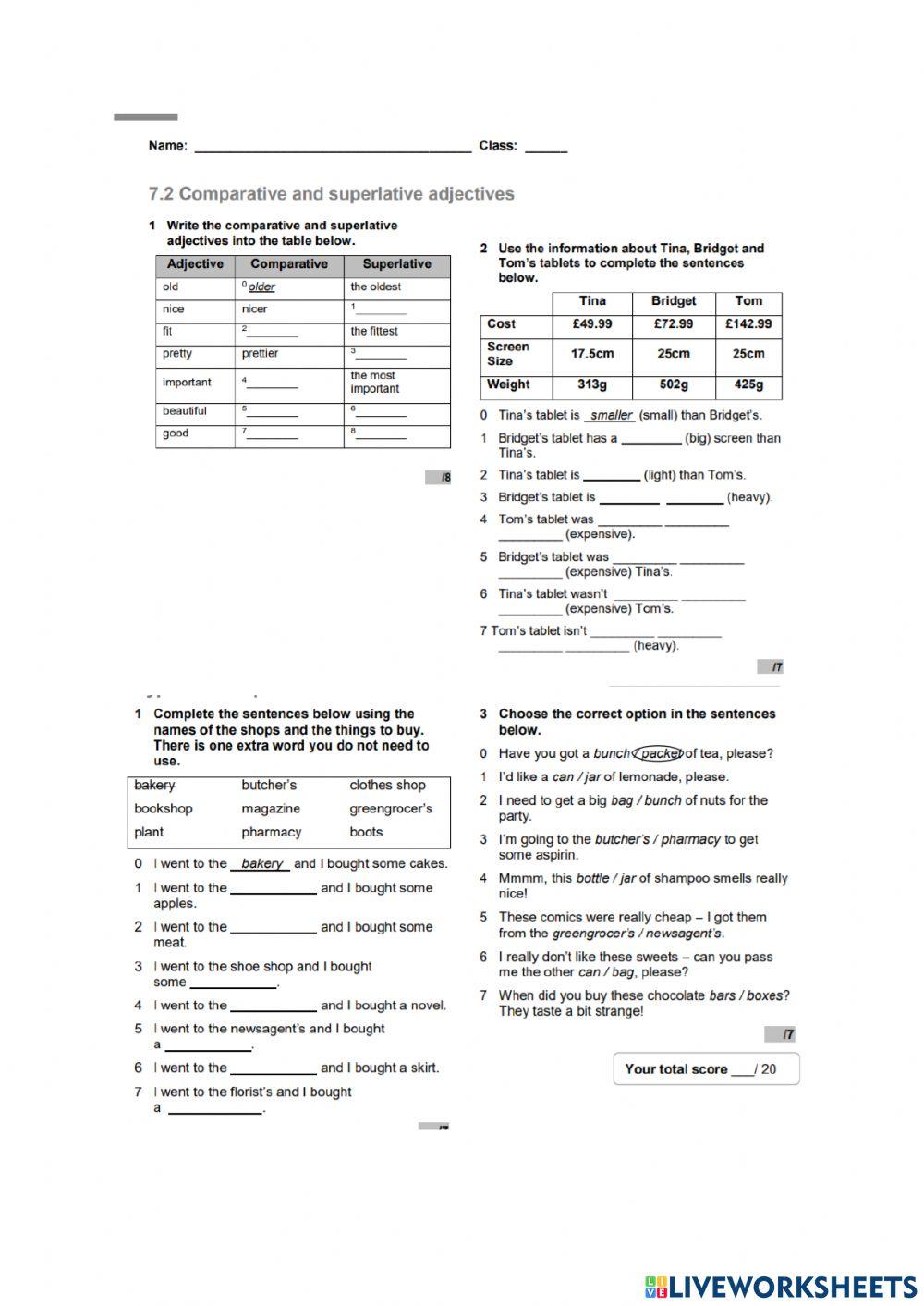 English class a2+ unit 7 online exercise for | Live Worksheets