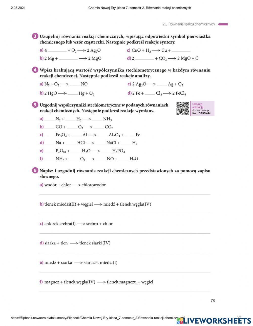 Równania reakcji chemicznych worksheet | Live Worksheets