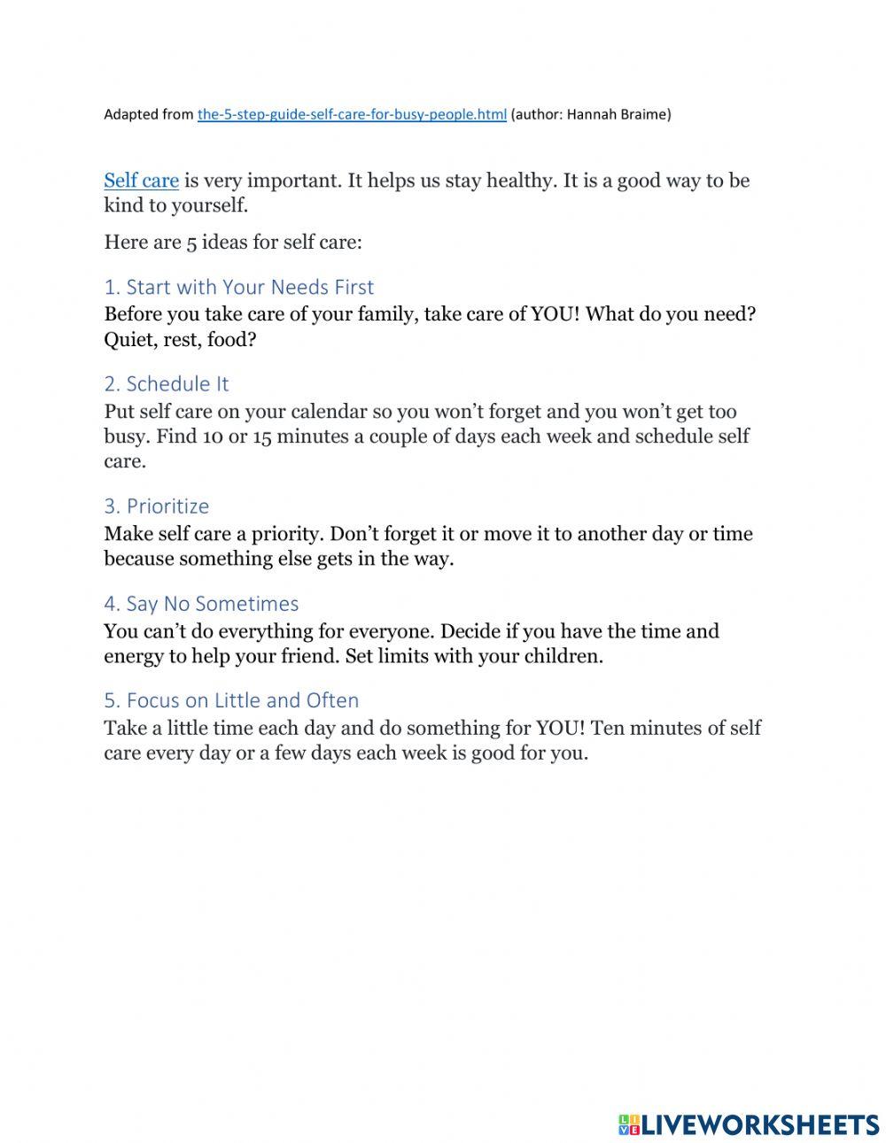 Self Care 5 tips for busy people -beginning worksheet | Live Worksheets