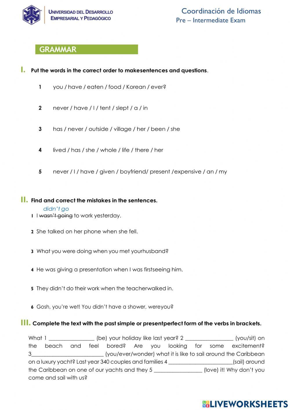 First Partial Pre Intermediate Exam worksheet | Live Worksheets