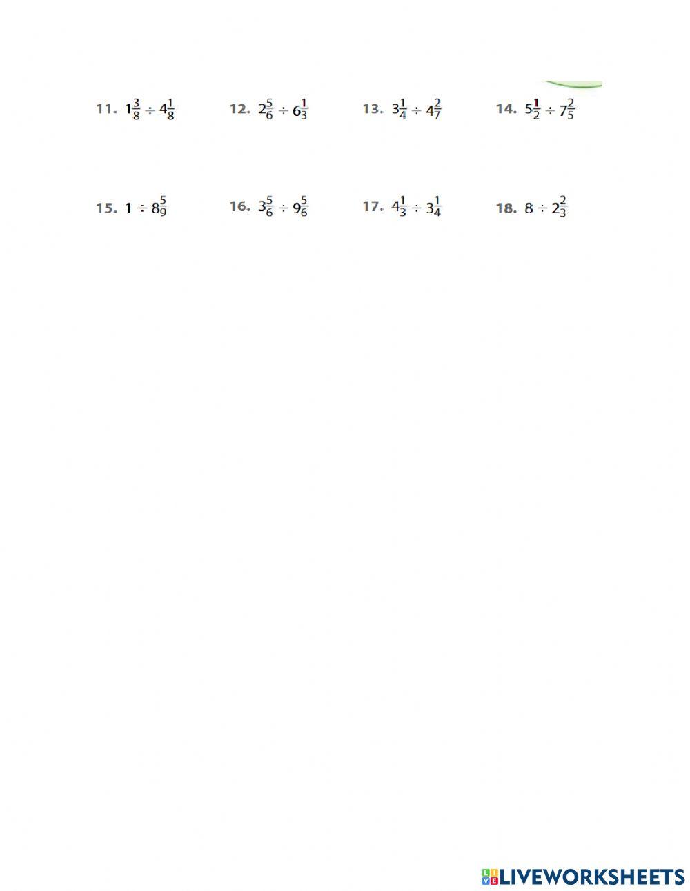 Dividing mixed numbers activity | Live Worksheets