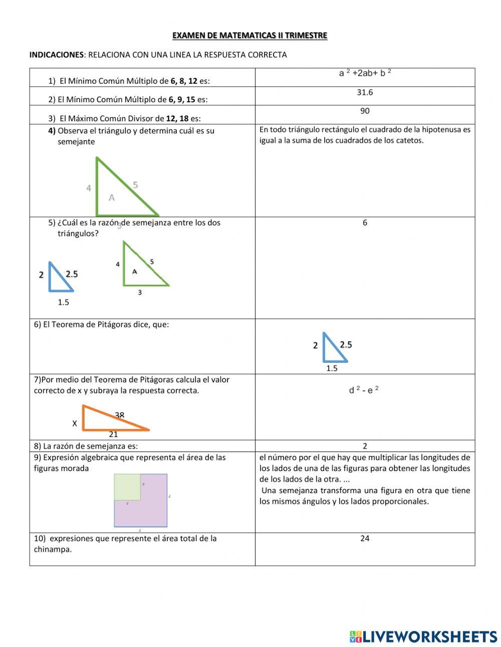 Examen de matematicas online pdf activity | Live Worksheets