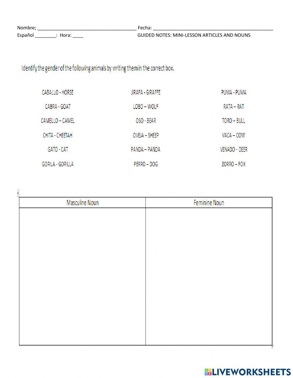 Gender of Nouns 01 worksheet | Live Worksheets