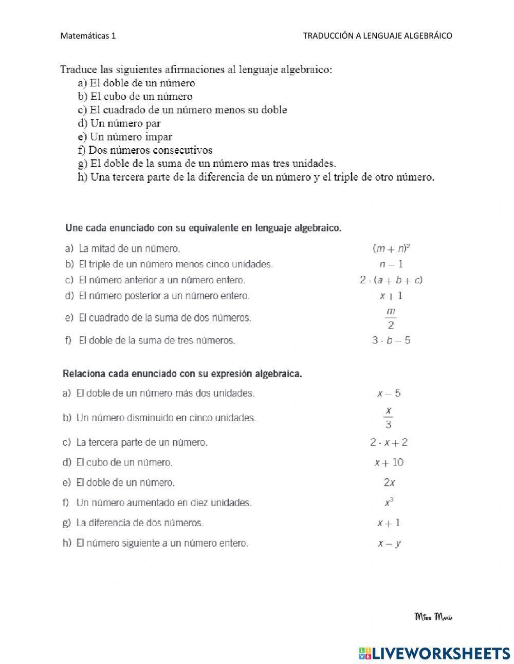 Pdf online worksheet: Lenguaje algebráico | Live Worksheets