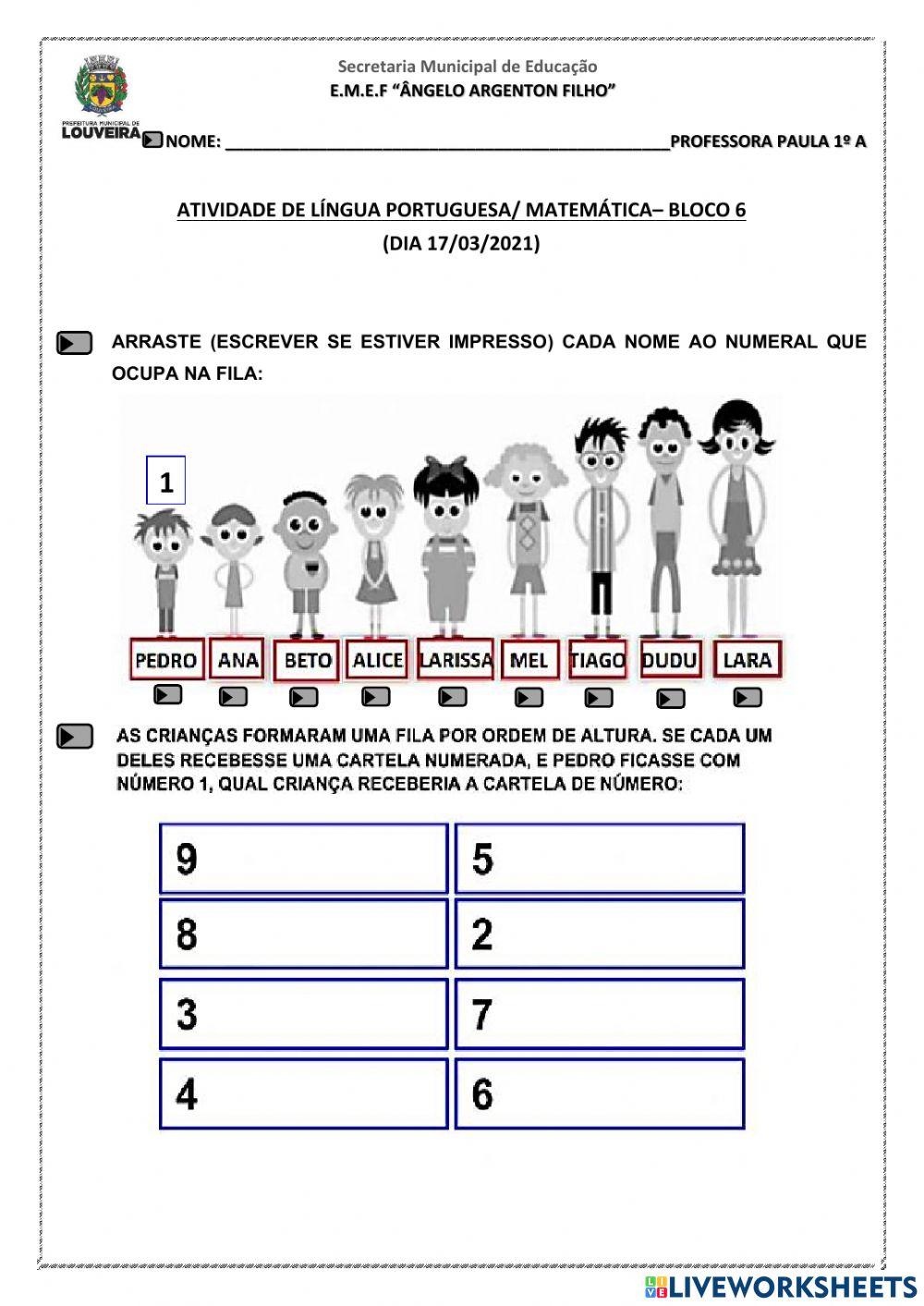 Ordem numérica activity | Live Worksheets