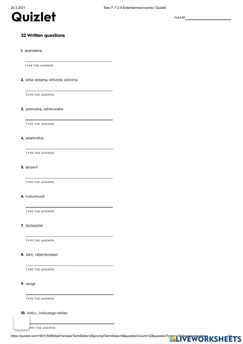 F 7 U 9 word test online exercise for | Live Worksheets