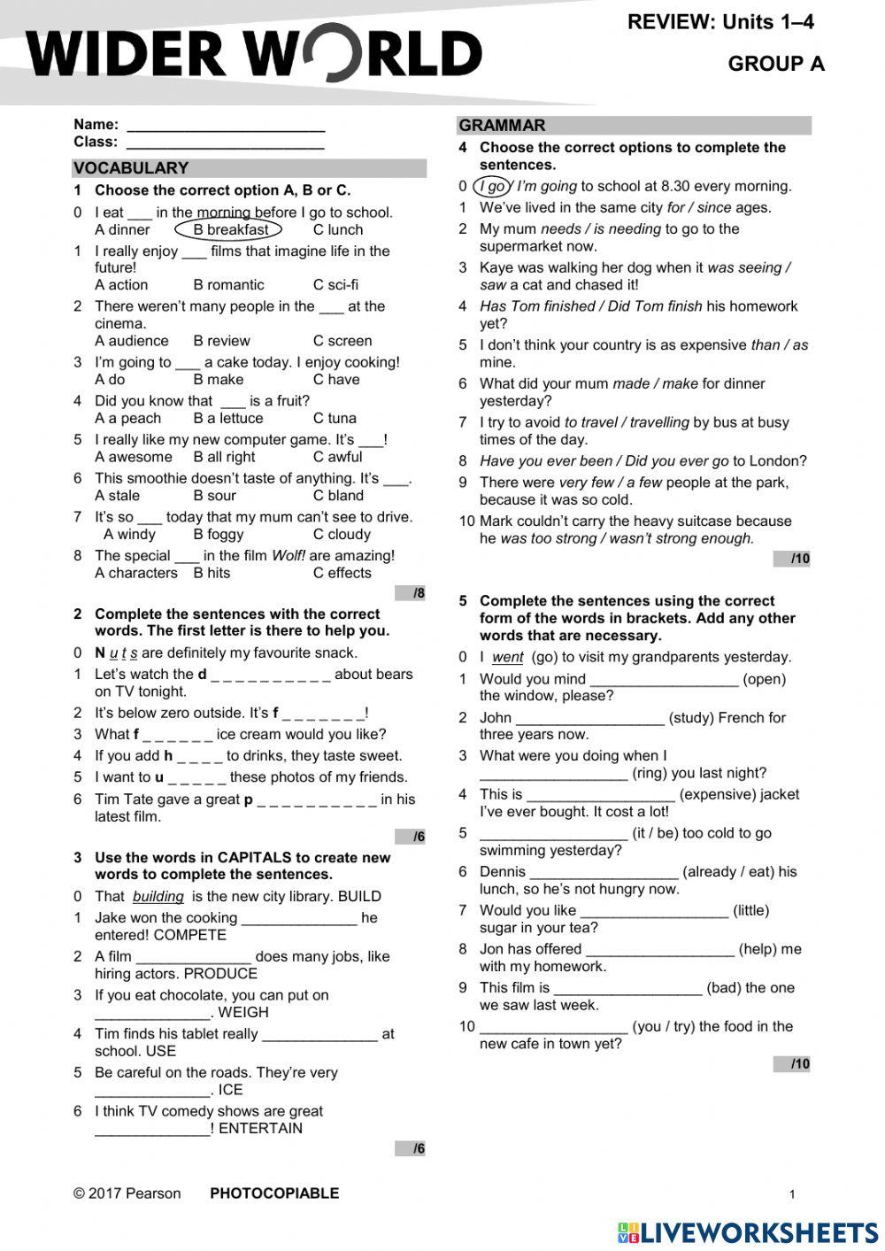 Wider World 3 Unit 4 Review Test A 1-4 Units online exercise for | Live ...