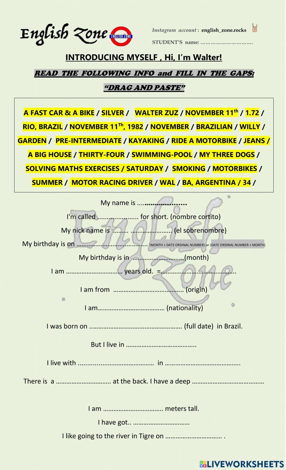 INTRODUCING MYSELF - HIi I'M WALTER worksheet | Live Worksheets