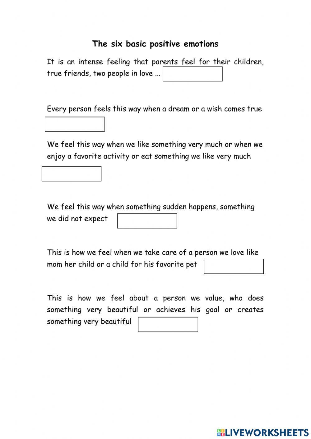 The six basic positive emotions worksheet | Live Worksheets