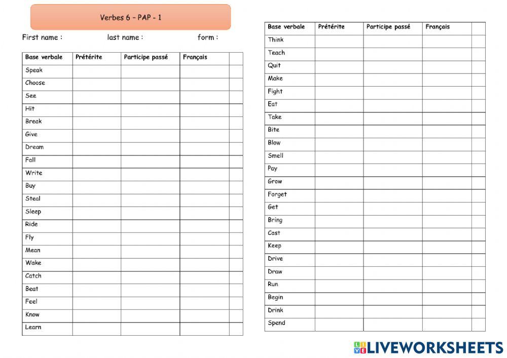 4°-3° - Verbes 6 - PAP - 1 worksheet | Live Worksheets
