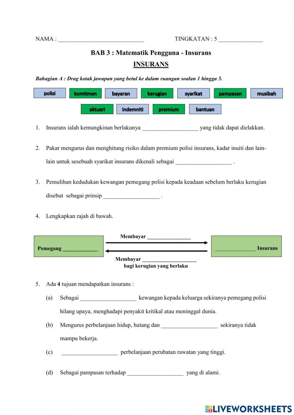 Mm5 bab3-insurans (part 1) interactive worksheet | Live Worksheets