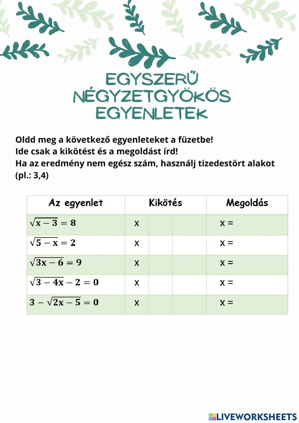 Gyökös egyenletek worksheet | Live Worksheets