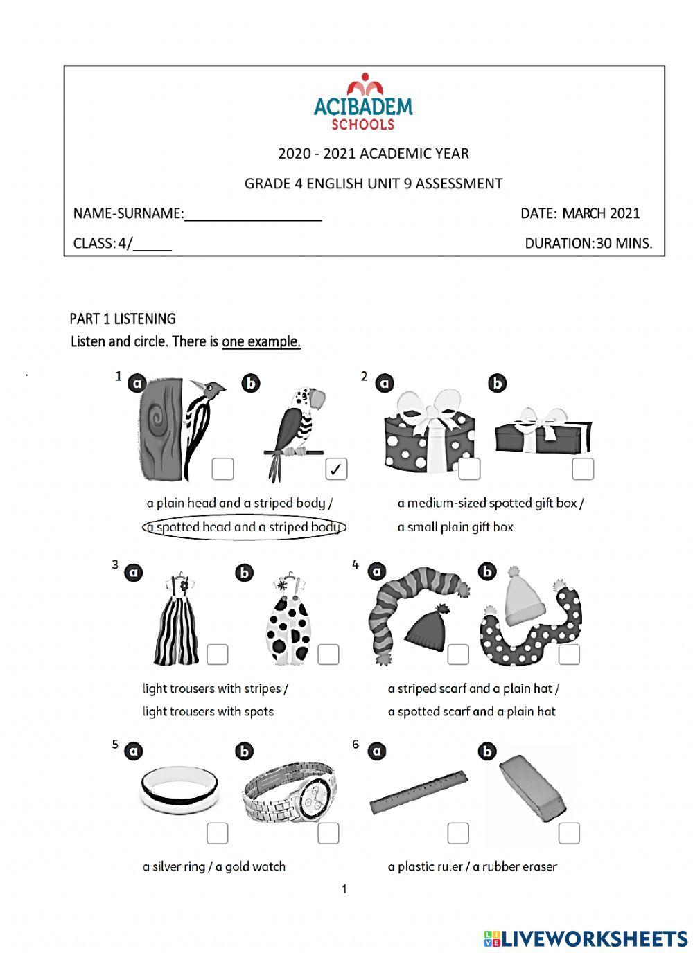 2020-2021 Academic Year 4th Grade Unit test 3 worksheet | Live Worksheets