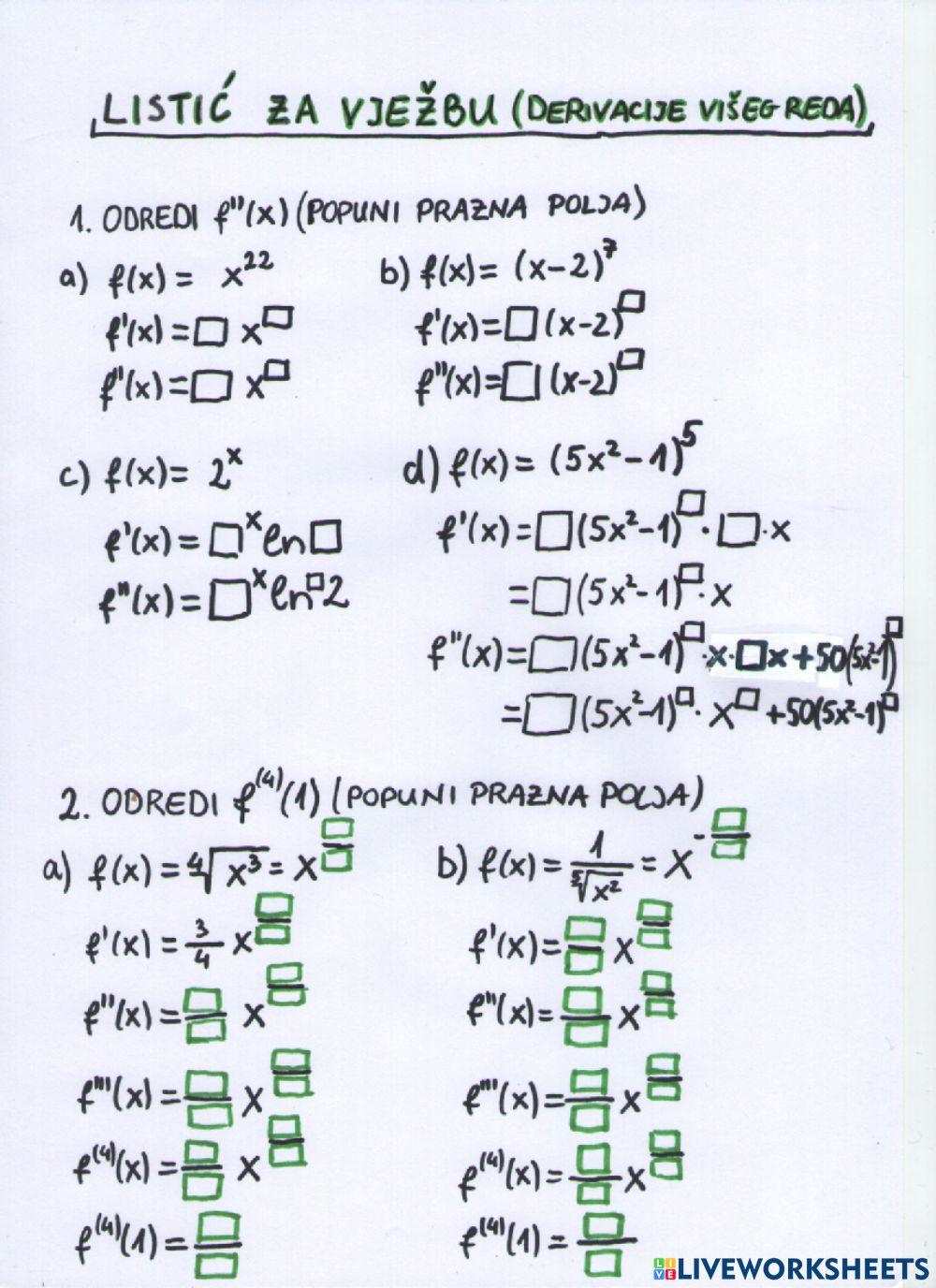 Derivacije višeg reda worksheet | Live Worksheets