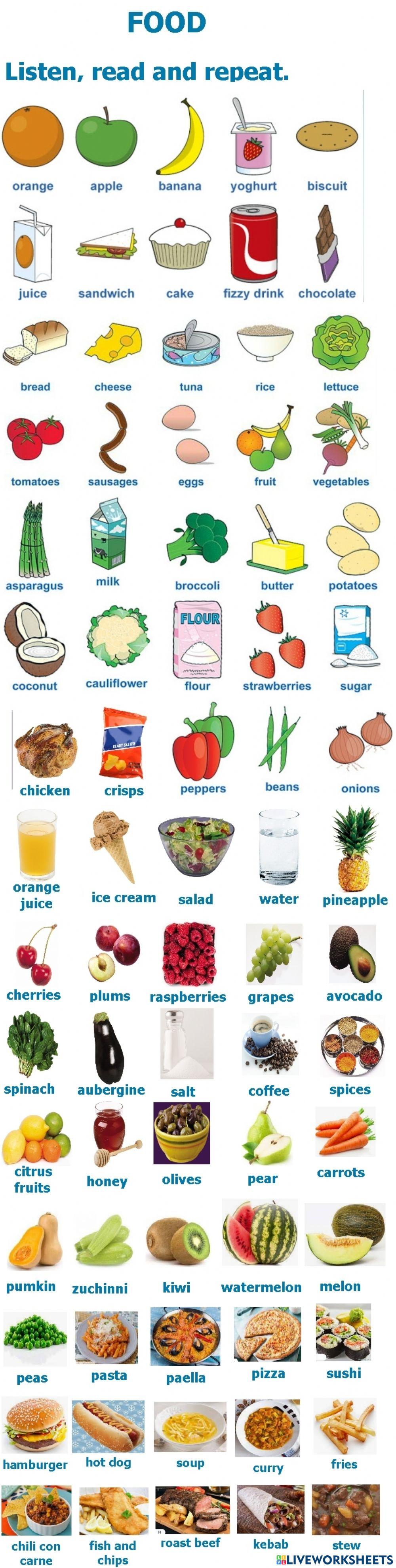 Listen, read and repeat food worksheet | Live Worksheets
