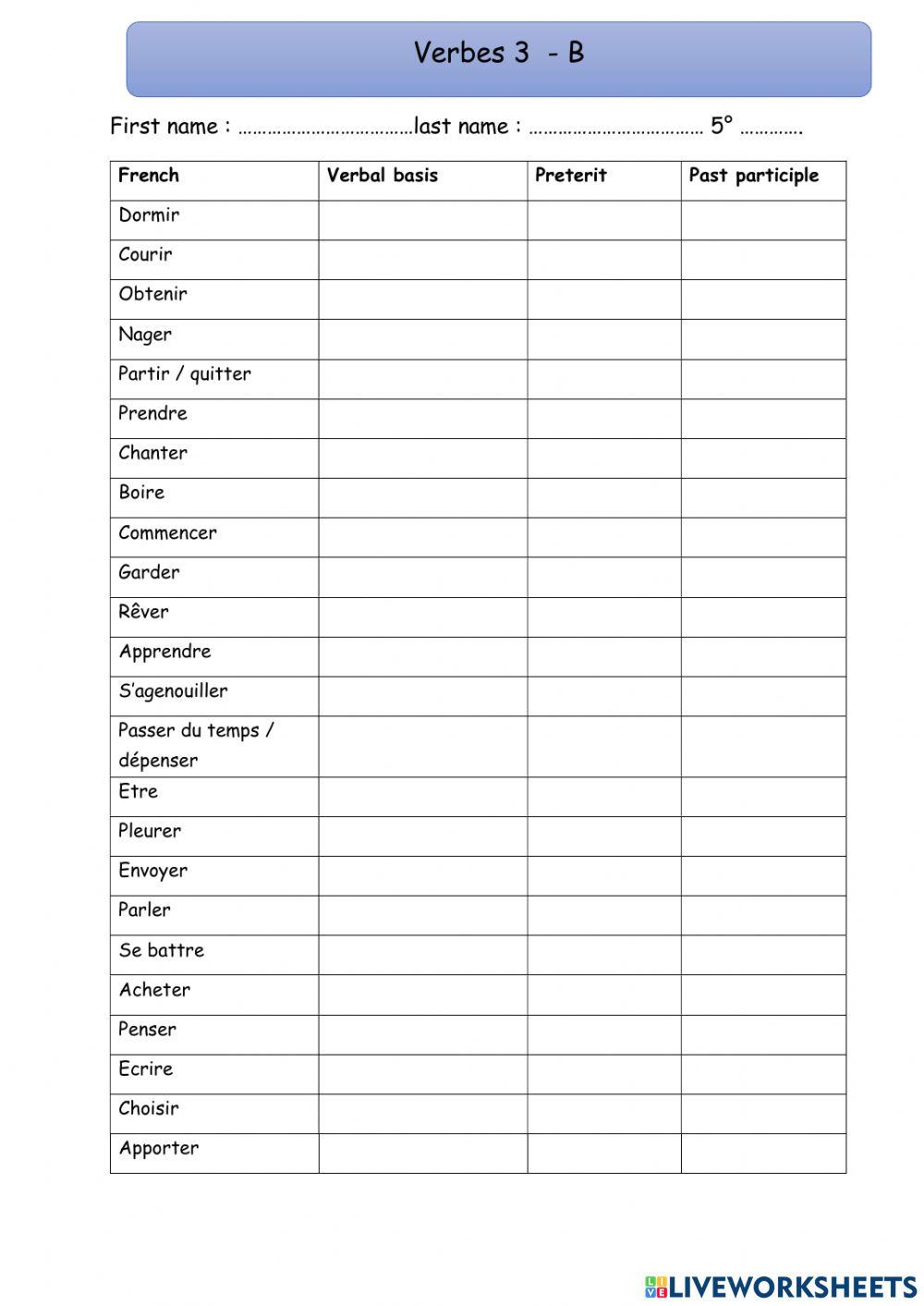 5° verbes 3 - B worksheet | Live Worksheets