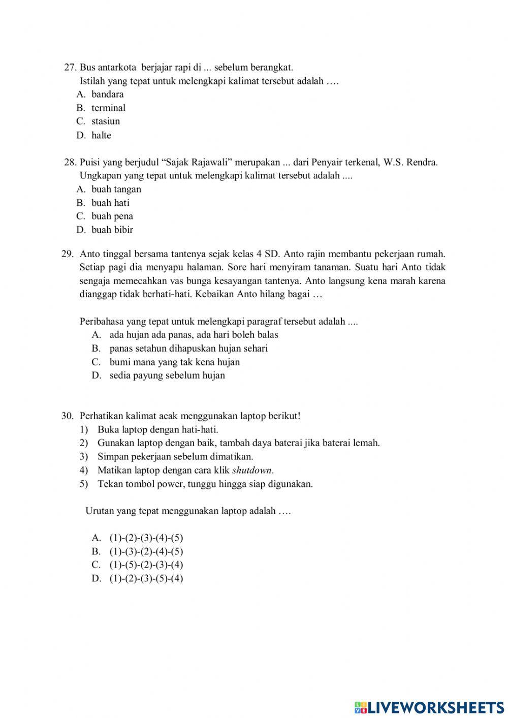 Bahasa indonesia online activity for 6 | Live Worksheets