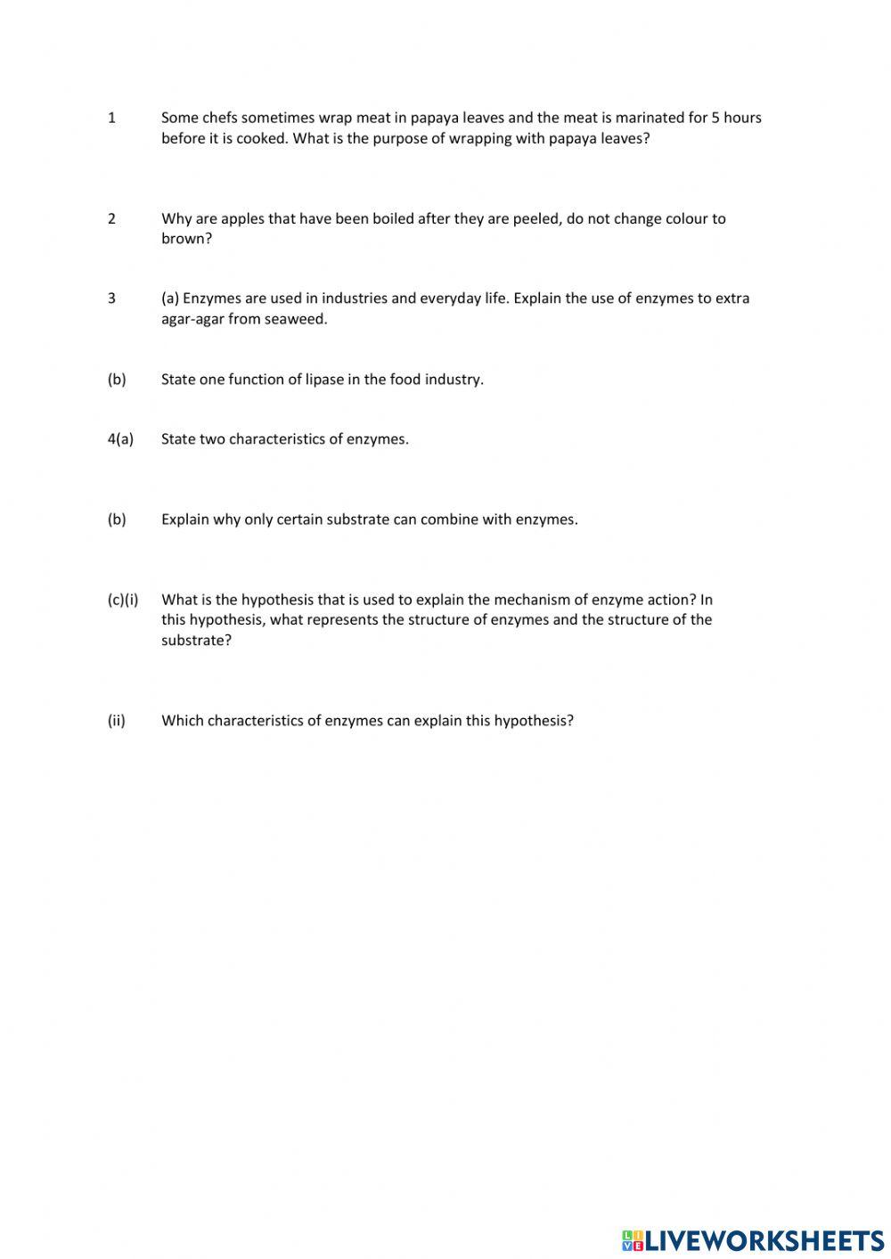 Enzyme worksheet | Live Worksheets
