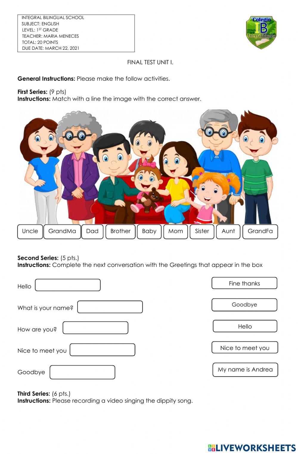 Family members online exercise for Grade 1 | Live Worksheets