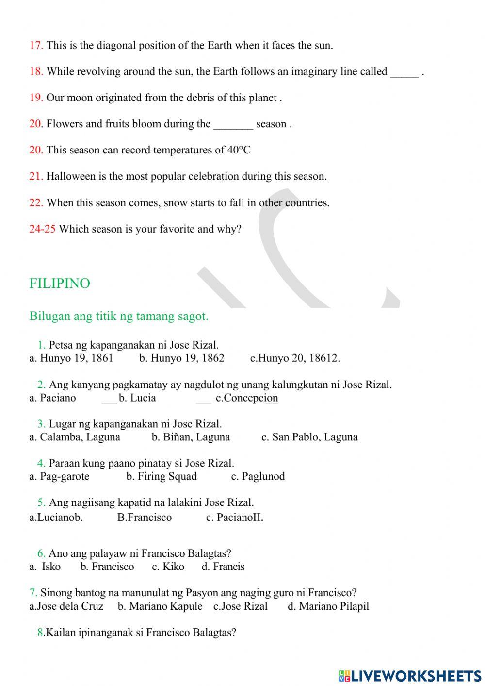 Third Quarter Exam worksheet | Live Worksheets