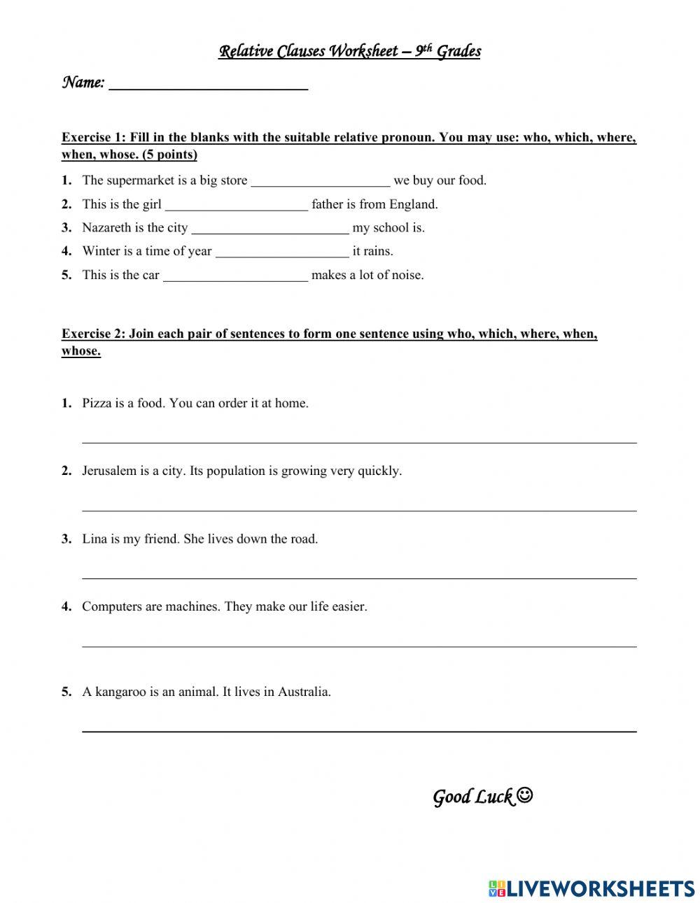 Relative Clauses interactive exercise for 9 | Live Worksheets