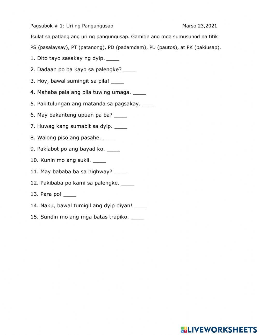 2915428 | PAGSUBOK BILANG 1: URI NG PANGUNGUSAP