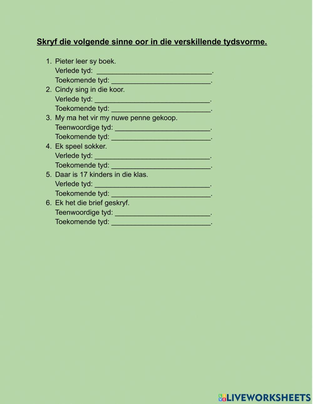 Afrikaans tye | Free Interactive Worksheets | 843824