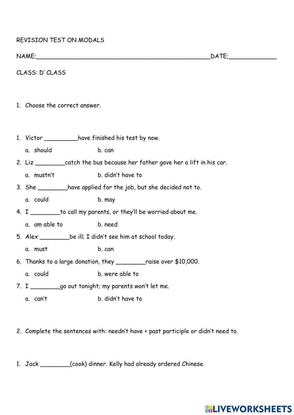 Modals test, d' class worksheet | Live Worksheets