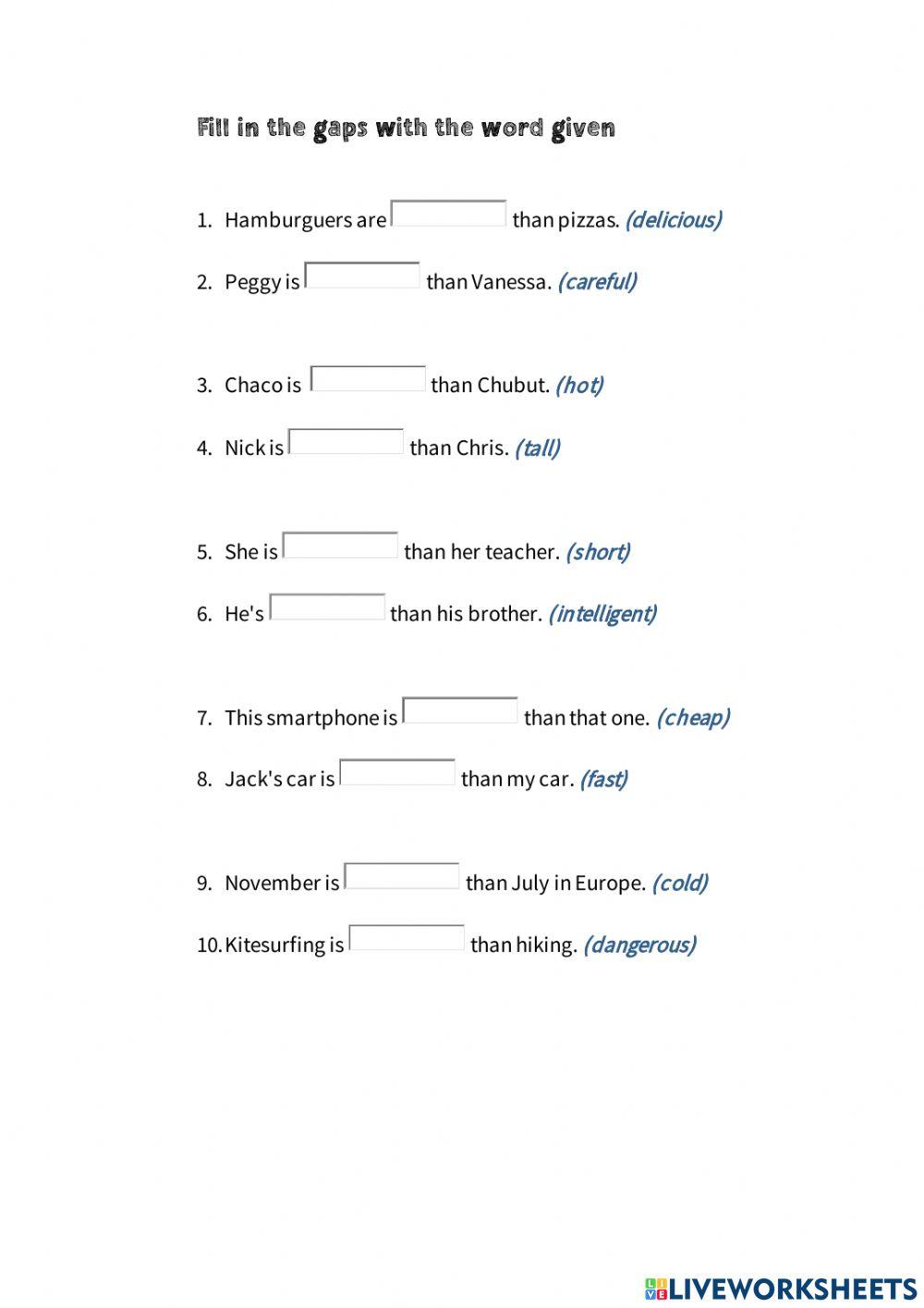 Comparative adjectives online exercise for elementary | Live Worksheets