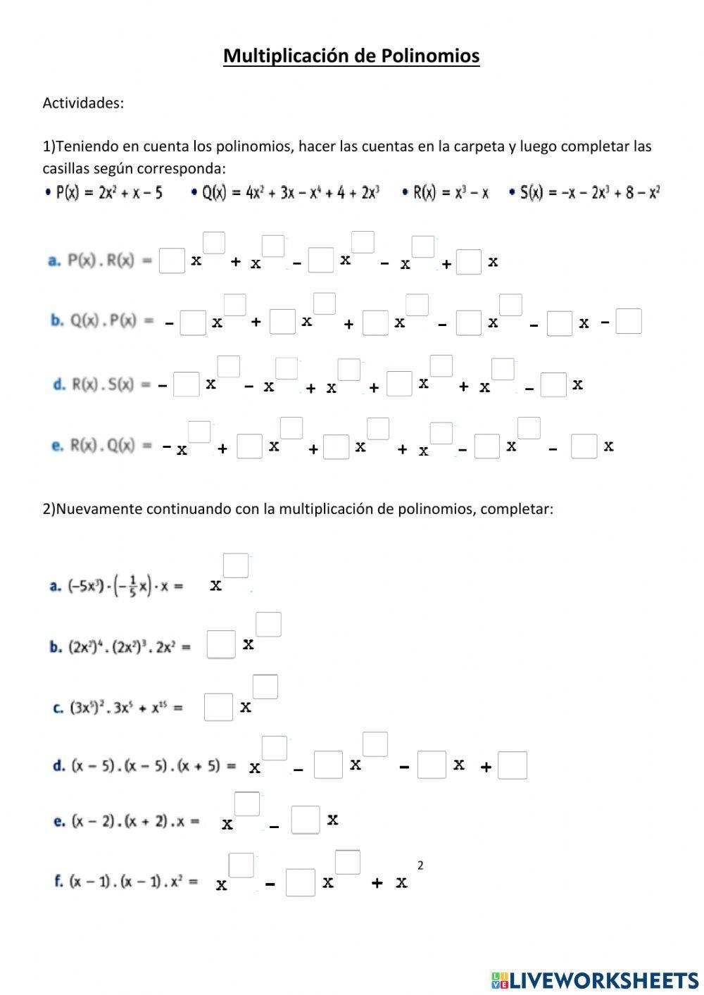 Multiplicacion de polinomios online activity for 6 | Live Worksheets